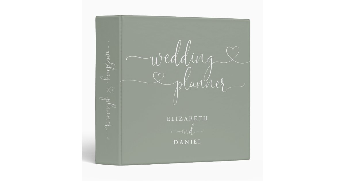 Sage Green Heart Script Wedding Planner 3 Ring Binder | Zazzle