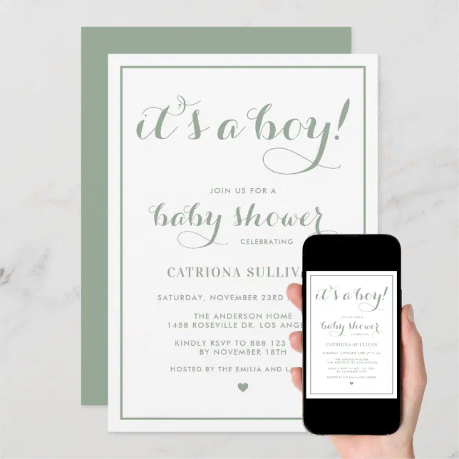 Sage Green It's a Boy Calligraphy Baby Shower Invitation | Zazzle