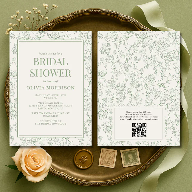 Sage Green Ivory French QR Code Bridal Shower Invitation | Zazzle