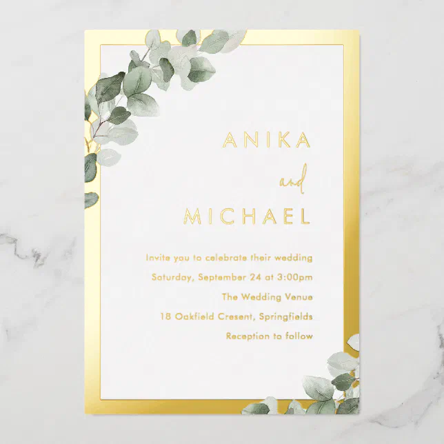 Sage Green Leaf Wedding Gold Border Foil Invitation | Zazzle
