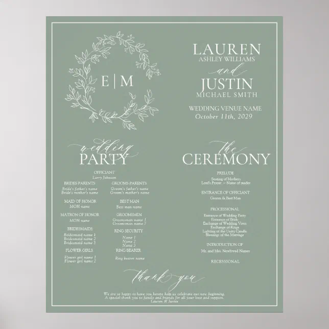 Sage Green Leafy Crest Monogram Wedding Program Poster | Zazzle