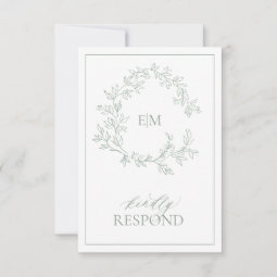 Sage Green Leafy Crest Monogram Wedding RSVP Card | Zazzle