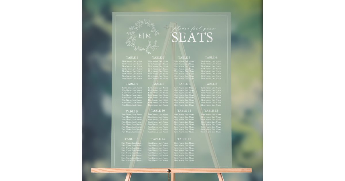 Sage Green Leafy Crest Monogram Wedding Seating Acrylic Sign | Zazzle