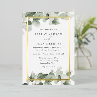 Sage Green Leaves Gold Border Wedding Foil Invitation | Zazzle