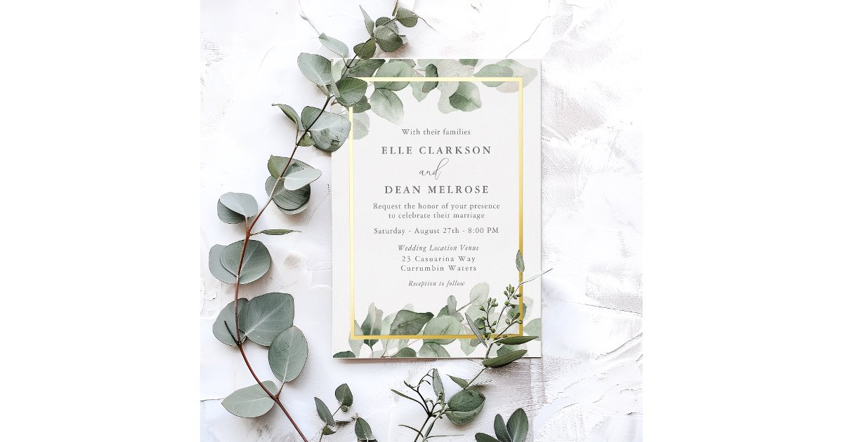 Sage Green Leaves Gold Border Wedding Foil Invitation | Zazzle