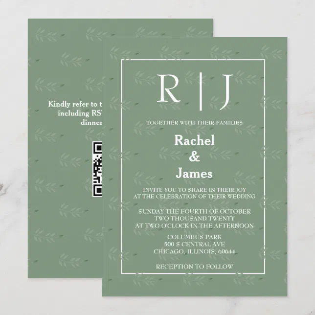 Sage Green Leaves QR Code Monogram Wedding Invitation | Zazzle