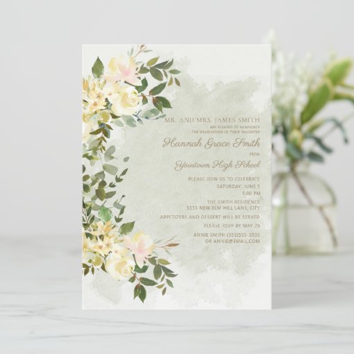 Sage Green Leaves White Floral Graduation Party Invitation | Zazzle