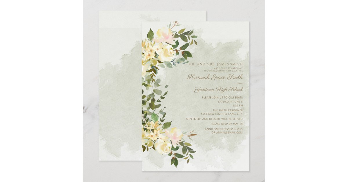 Sage Green Leaves White Floral Graduation Party Invitation | Zazzle