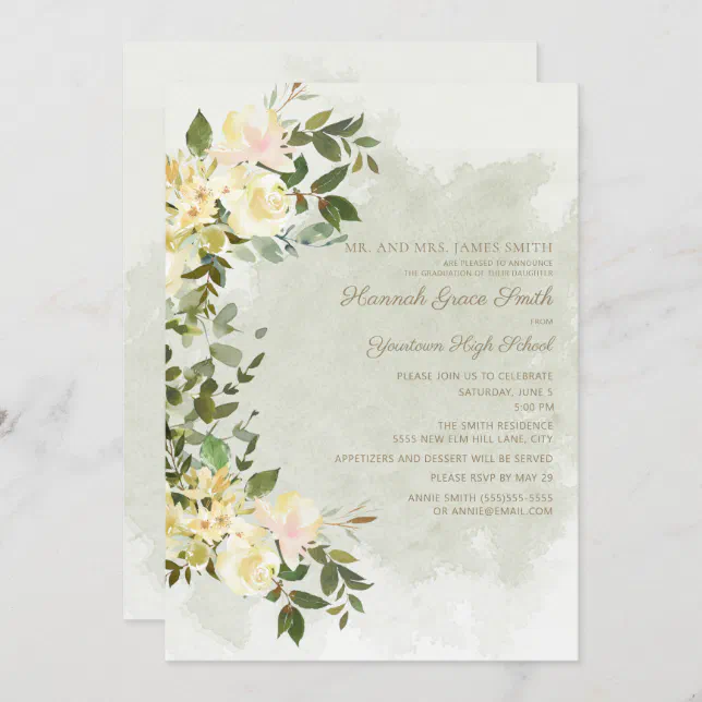 Sage Green Leaves White Floral Graduation Party Invitation | Zazzle