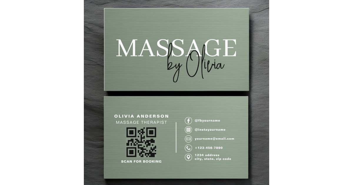 Sage Green Metallic Massage Therapist QR Code Business Card | Zazzle
