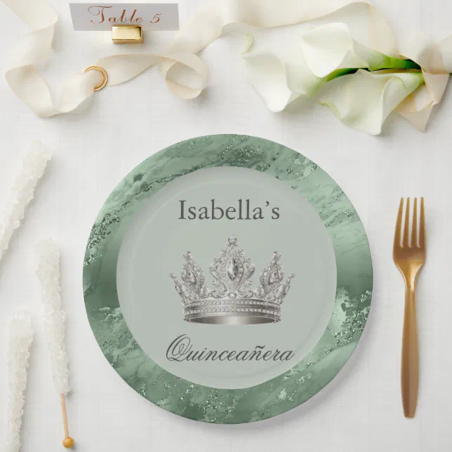 Sage Green Metallic Silver Tiara Crown Quinceañera Paper Plates | Zazzle