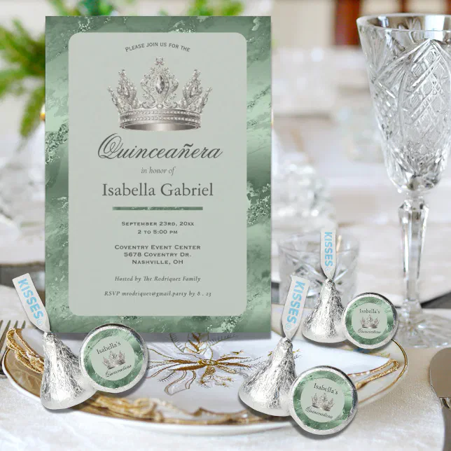 Sage Green Metallic Tiara Elegant Quinceañera Invitation | Zazzle