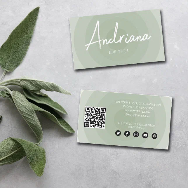 Sage Green Minimalist Circle Gradient QR Code Business Card | Zazzle