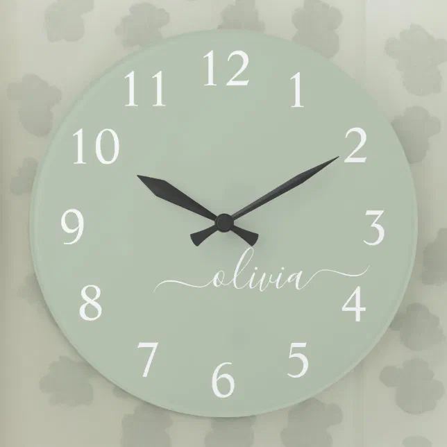 Sage Green Minimalist Modern Monogram Elegant Large Clock | Zazzle