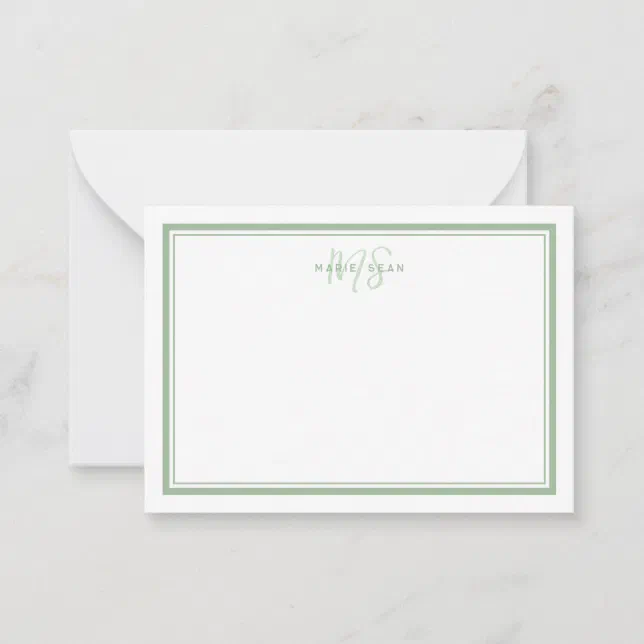 Sage Green Minimalist Simple Monogram Two Border Note Card | Zazzle