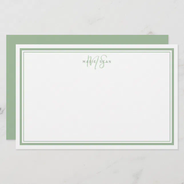 Sage Green Minimalist Simple Monogram Two Border Stationery | Zazzle