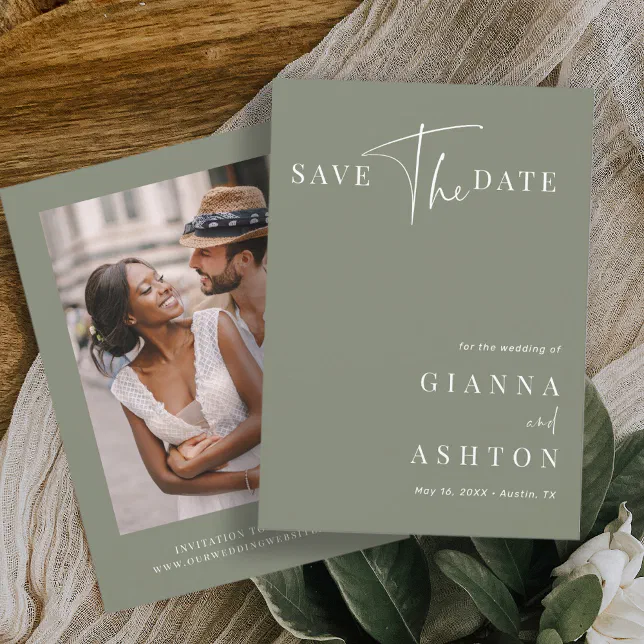 Sage Green Modern Calligraphy Wedding Photo Save The Date | Zazzle