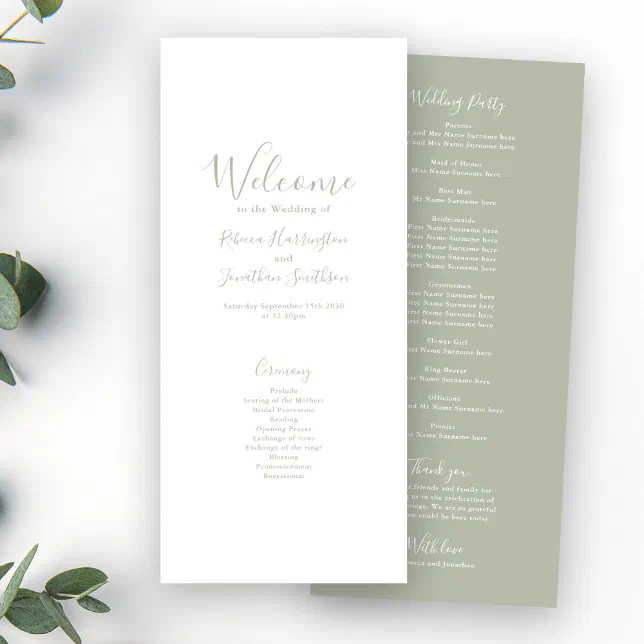 Sage Green Modern Elegant Wedding Program Card | Zazzle