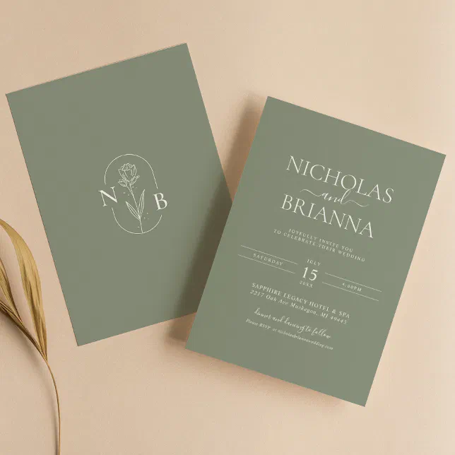 Sage Green Modern Minimalist Boho Wedding Monogram Invitation | Zazzle