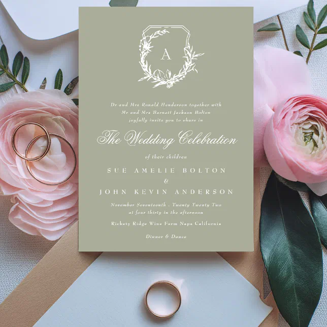 sage green monogram classic leafy crest wedding invitation | Zazzle