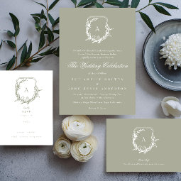 sage green monogram classic leafy crest wedding invitation | Zazzle