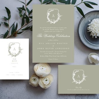 sage green monogram classic leafy crest wedding invitation | Zazzle