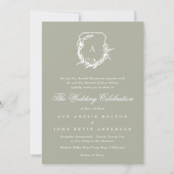 sage green monogram classic leafy crest wedding invitation | Zazzle