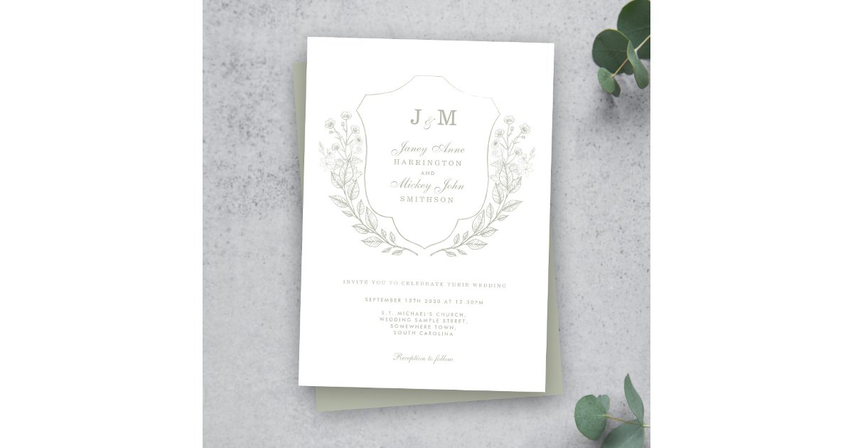 Sage Green Monogram Crest Wedding Invitation | Zazzle