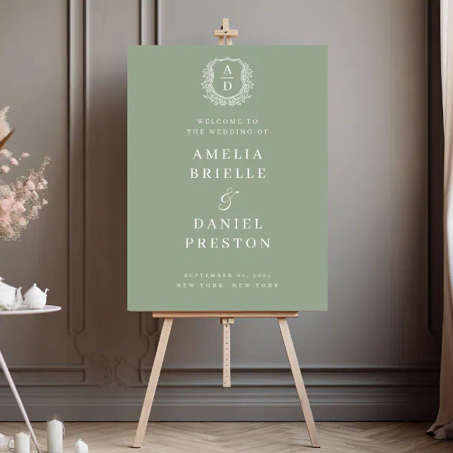 Sage Green Monogram Crest Wedding Welcome Sign | Zazzle