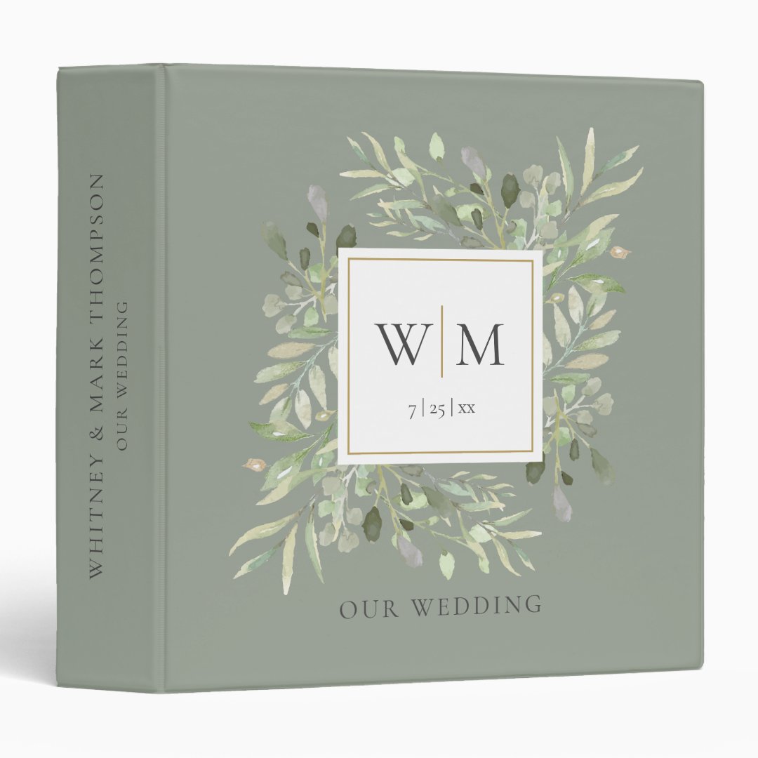 Sage Green Monogram Greenery Wedding Photo Album 3 Ring Binder | Zazzle