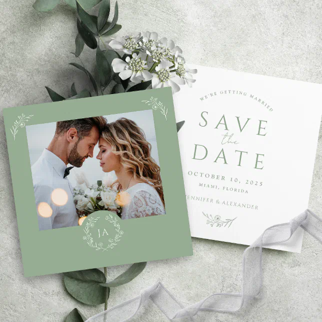 Sage Green Monogram Wedding Save The Date Card | Zazzle