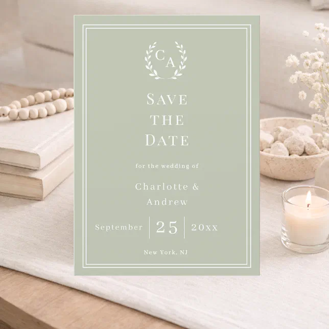 Sage green monogram wreath wedding save the date | Zazzle