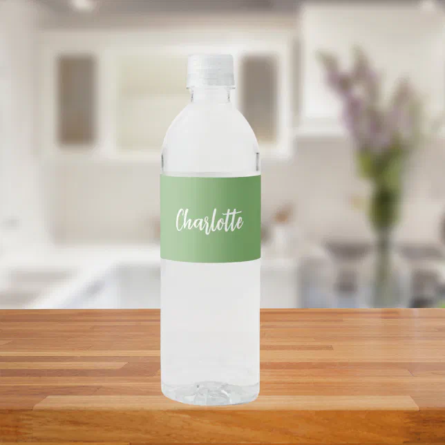 Sage green name script water bottle label | Zazzle