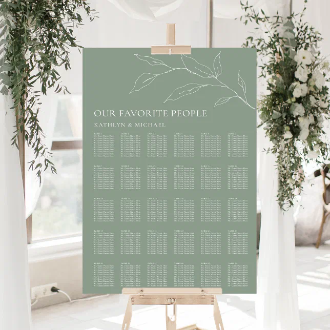 Sage Green Olive Leaf Wedding 30 Table Seating Poster | Zazzle