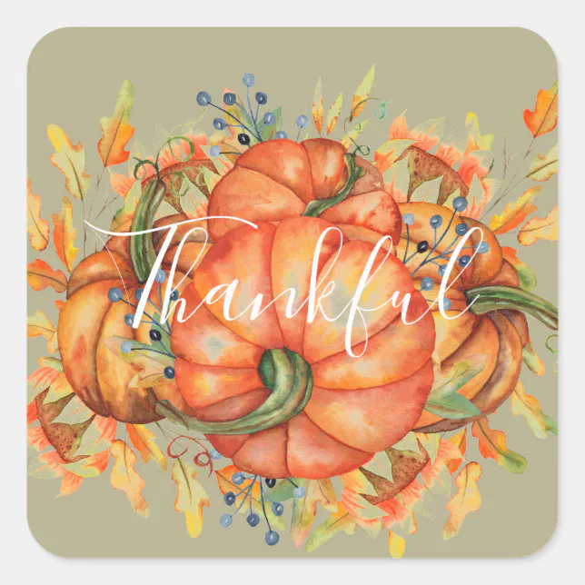 Sage Green & Orange Pumpkin Bounty Thanksgiving Square Sticker | Zazzle