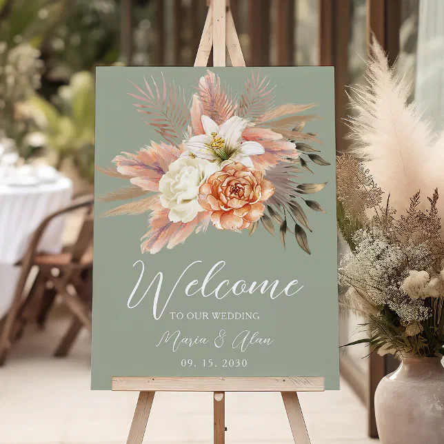 Sage Green Peach Floral Wedding Welcome Sign | Zazzle