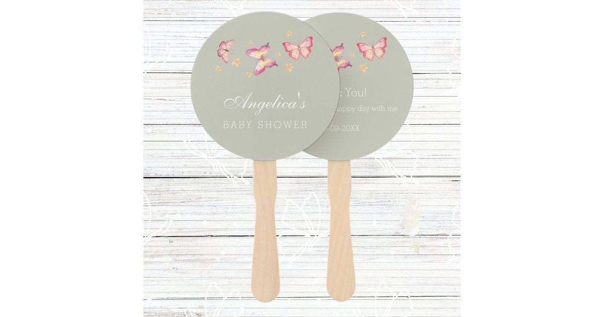 Sage Green Peach Pink Butterfly Baby Shower Hand Fan | Zazzle