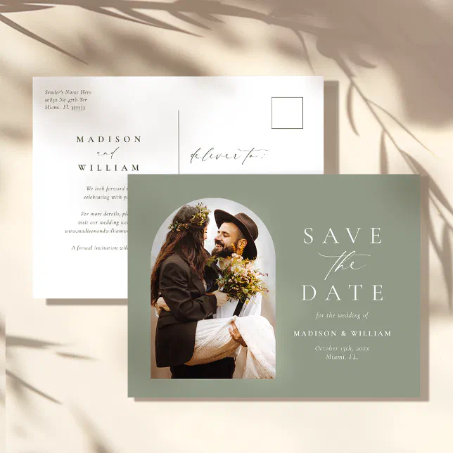 Sage Green Photo Arch Wedding Save The Date Postcard | Zazzle