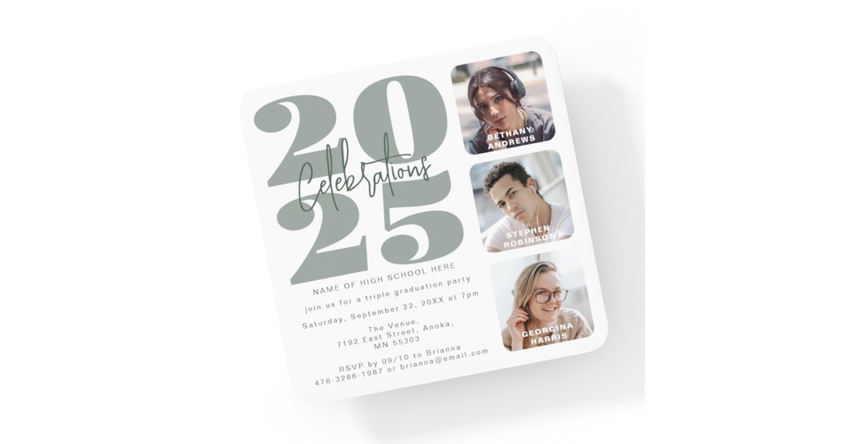 Sage Green Photo Triple Graduation Invitation | Zazzle