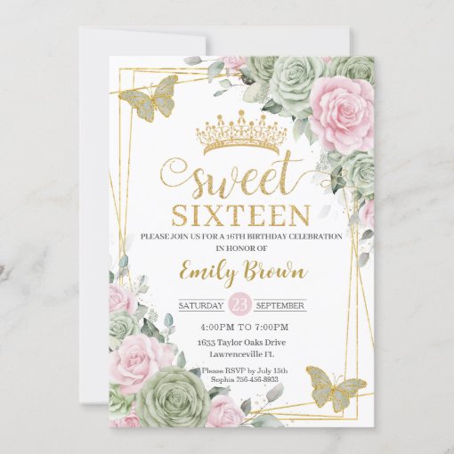 Sage Green Pink Floral Butterflies Gold Sweet 16 Invitation | Zazzle