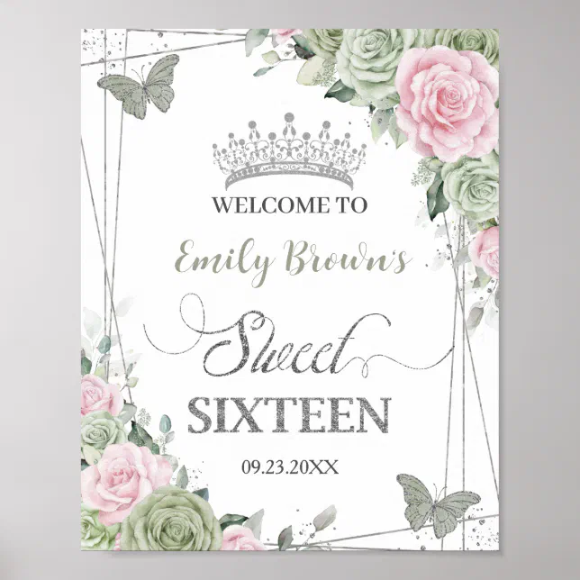 Sage Green Pink Floral Butterflies Silver Sweet 16 Poster | Zazzle