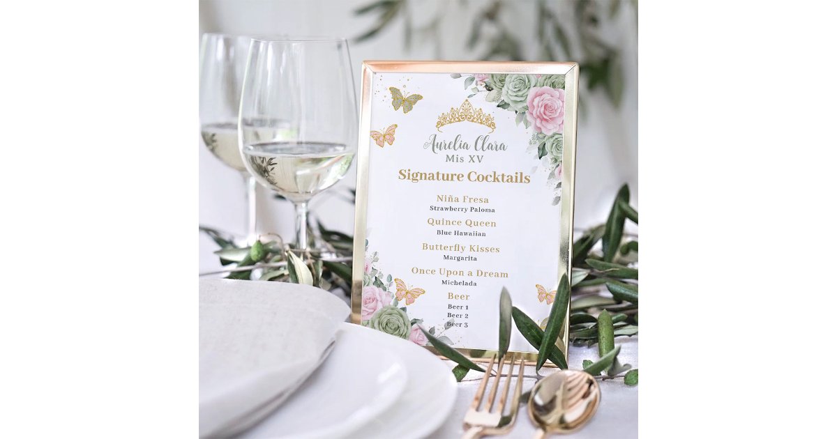 Sage Green Pink Floral Quinceanera Bar Drink Menu Poster | Zazzle