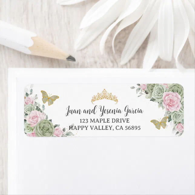 Sage Green Pink Floral Quinceanera Return Address Label | Zazzle