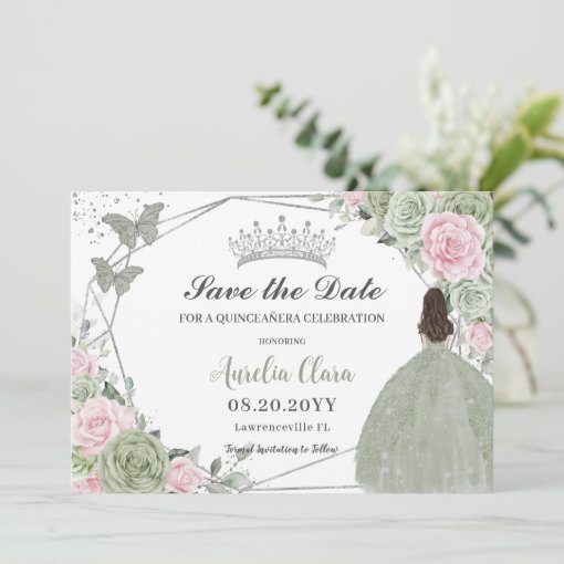 Sage Green Pink Floral Silver Quinceanera Princess Save The Date | Zazzle
