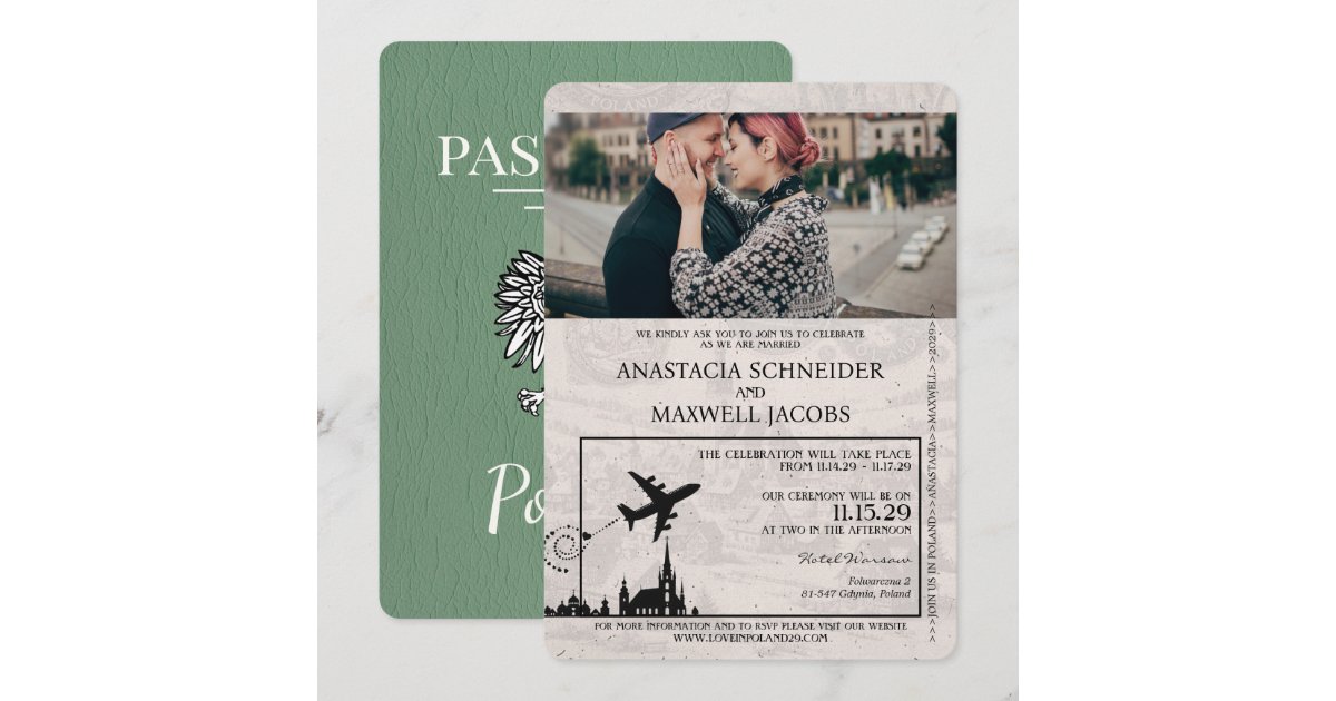 Sage Green Poland Passport Wedding Invitation | Zazzle