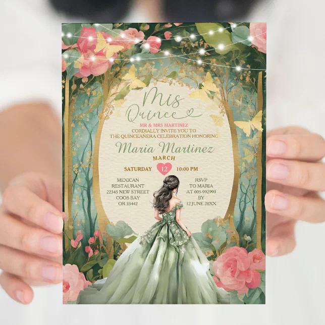 Sage Green Princess Dress Gold Forest Mis Quince Invitation | Zazzle