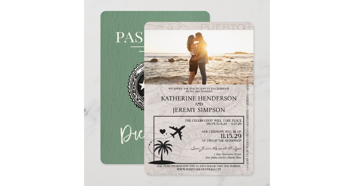 Sage Green Puerto Rico Passport Wedding Invitation | Zazzle