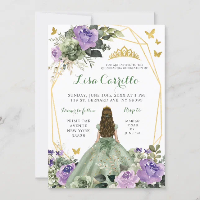 Sage Green Purple Lilac Princess Quinceañera Invitation | Zazzle