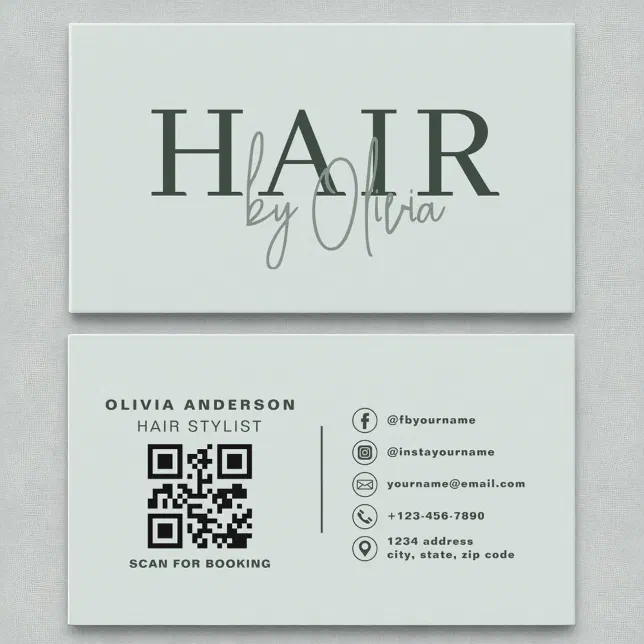 Sage Green QR Code Hair Stylist Modern Business Card | Zazzle