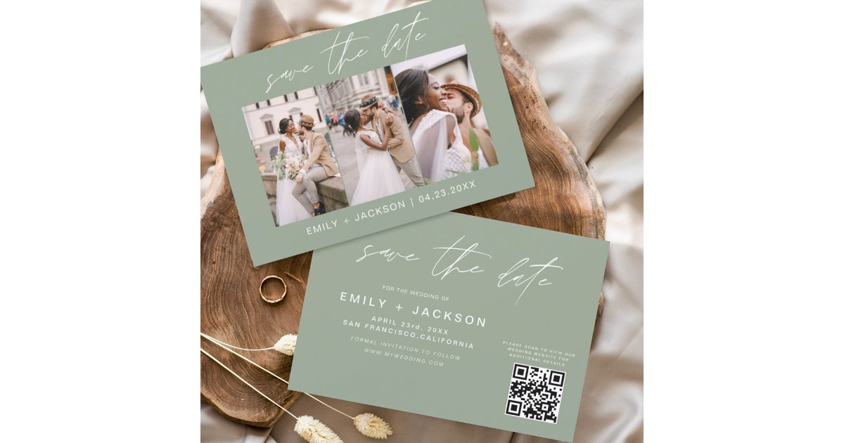 Sage Green QR Code Save the Date Modern 3 Photo | Zazzle